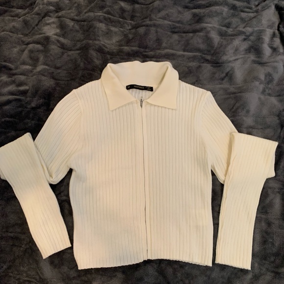 Tops | Cream Zip Up Ribbed Collard Slightly Cropped Long Sleeve | Poshmark